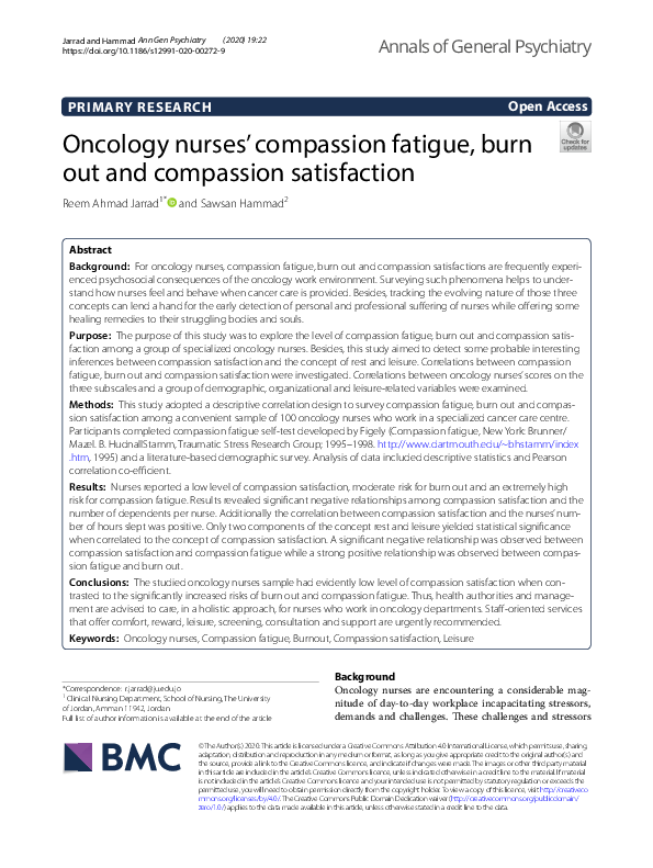 (PDF) Oncology nurses’ compassion fatigue, burn out and compassion ...
