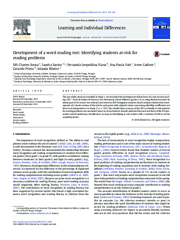 (PDF) Development of a word reading test: Identifying students at-risk ...