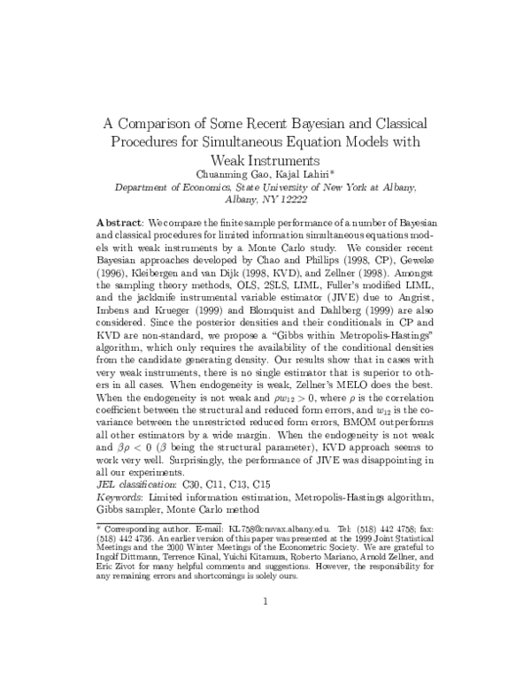 (PDF) A Comparison of Some Recent Bayesian and Classical Procedures for Simultaneous Equation ...