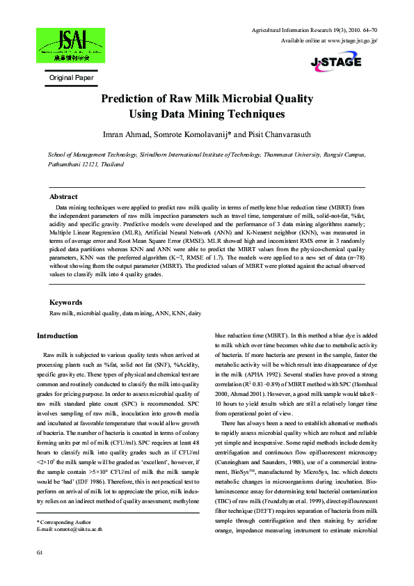 (PDF) Prediction of Raw Milk Microbial Quality Using Data Mining Techniques