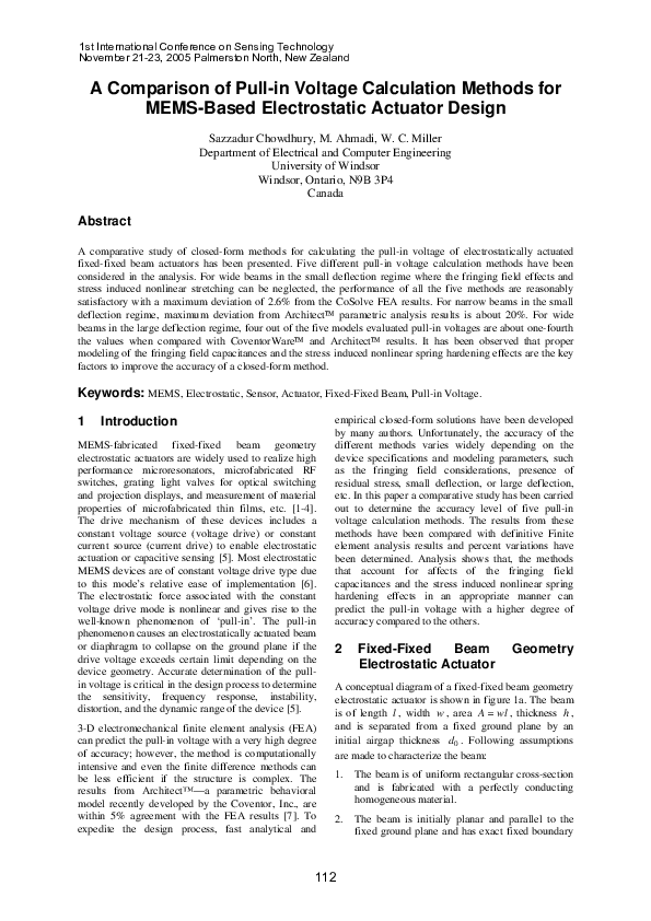 Pdf A Comparison Of Pull In Voltage Calculation Methods For Mems Based Electrostatic Actuator