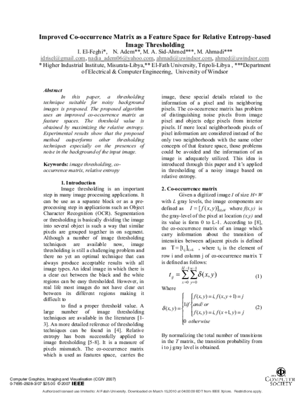 (PDF) Improved Co-occurrence Matrix as a Feature Space for Relative Entropy-based Image Thresholding