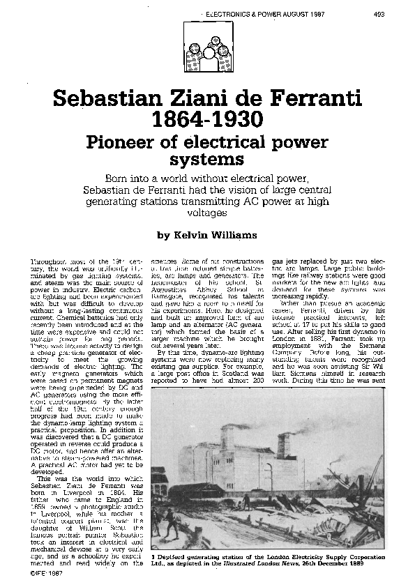 (PDF) Sebastian Ziani de Ferranti 1864–1930. Pioneer of electrical ...