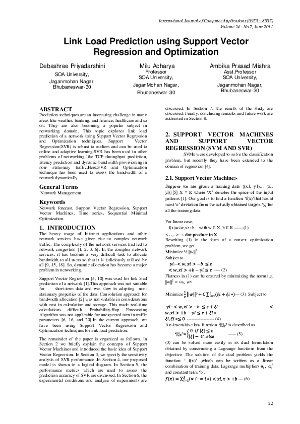 (PDF) Link Load Prediction using Support Vector Regression and Optimization