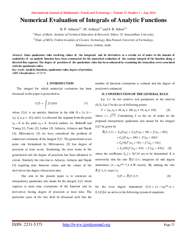 Pdf Numerical Evaluation Of Integrals Of Analytic Functions Milu