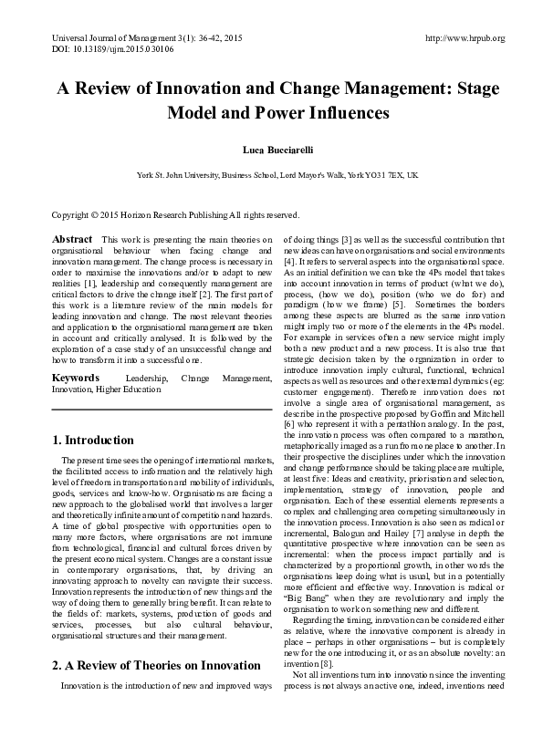 (PDF) A Review of Innovation and Change Management: Stage Model and ...