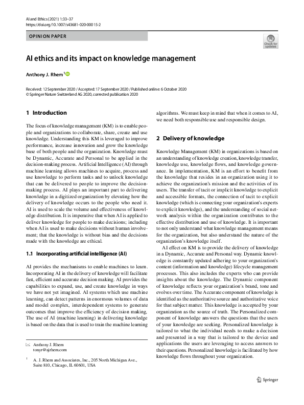 (PDF) AI ethics and its impact on knowledge management | Anthony Rhem ...
