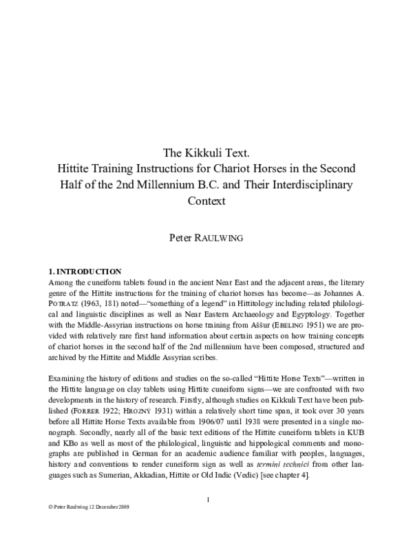 (PDF) The Kikkuli Text. Hittite Training Instructions for Chariot ...