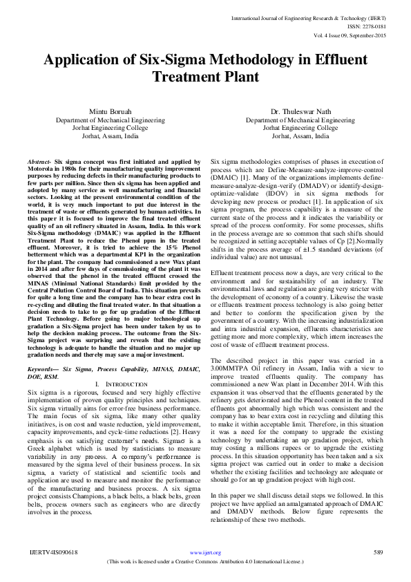 (PDF) Application of Six-Sigma Methodology in Effluent Treatment Plant