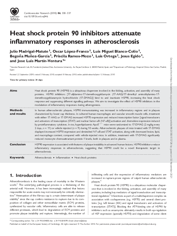 (PDF) Heat shock protein 90 inhibitors attenuate inflammatory responses in atherosclerosis