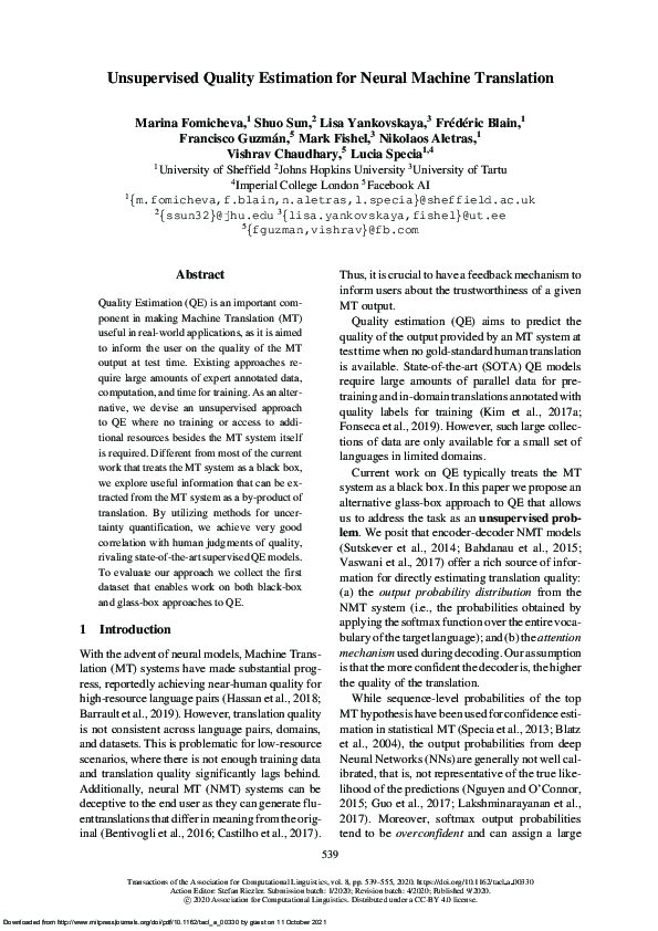 Pdf Unsupervised Quality Estimation For Neural Machine Translation