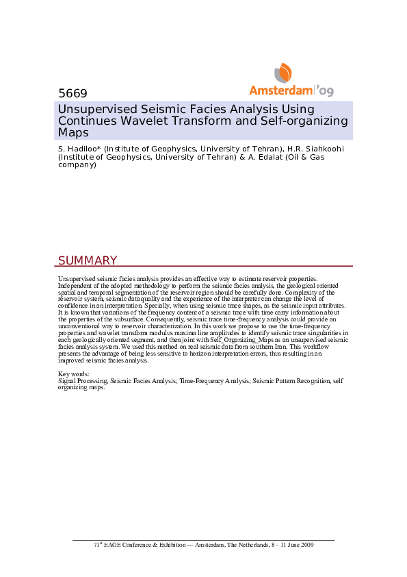 (PDF) Unsupervised Seismic Facies Analysis Using Continues Wavelet Transform and Self-organizing ...