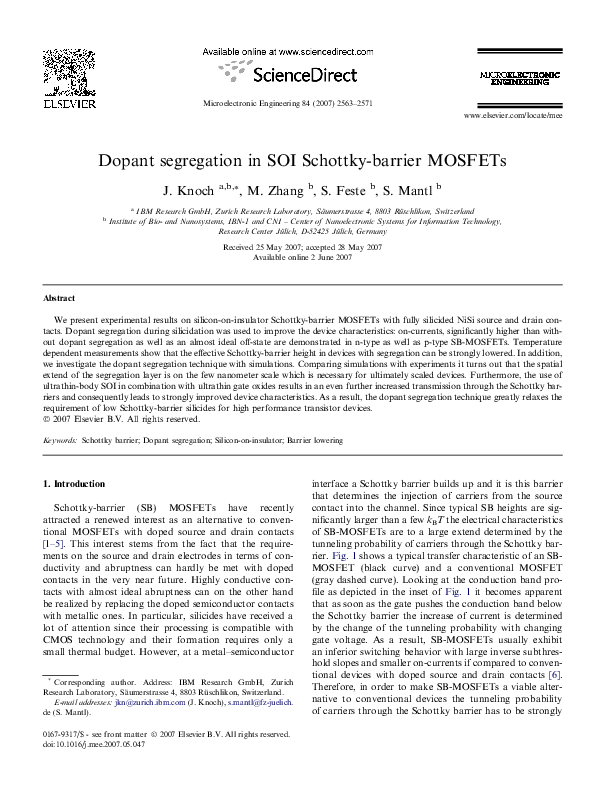 (PDF) Dopant segregation in SOI Schottky-barrier MOSFETs