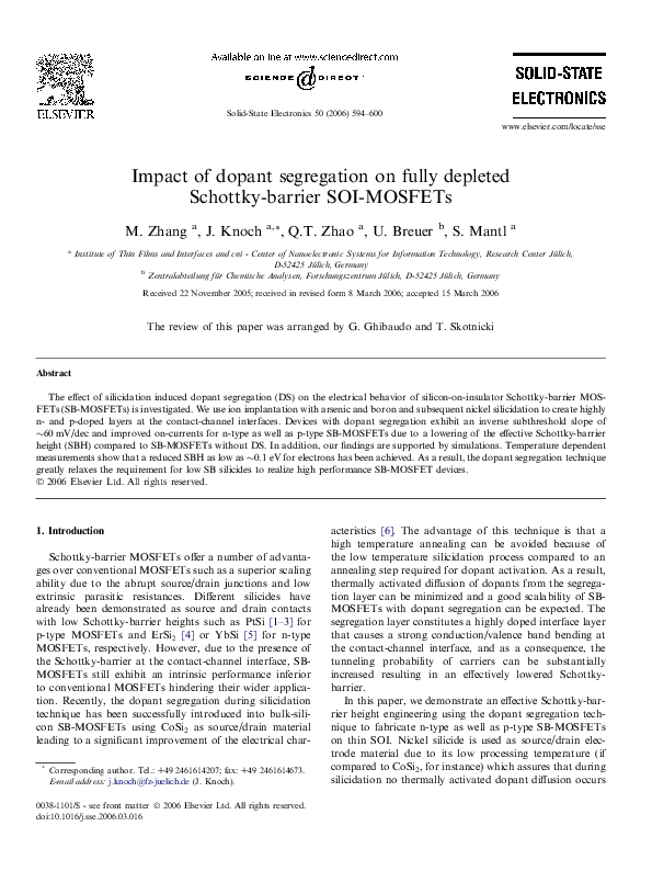 (PDF) Impact of dopant segregation on fully depleted Schottky-barrier SOI-MOSFETs