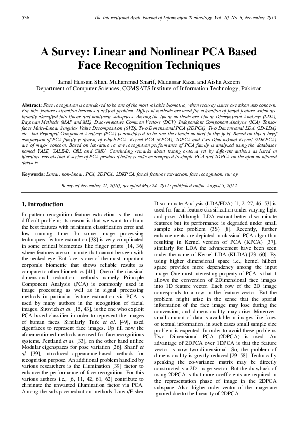 (PDF) A survey: Linear and nonlinear PCA based face recognition techniques