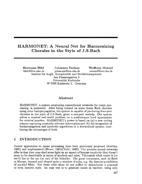 (PDF) HARMONET: A neural net for harmonizing chorales in the style of ...