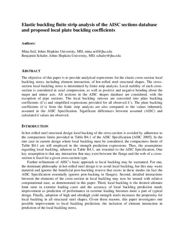 (PDF) Elastic Buckling Finite Strip Analysis of the AISC Sections ...