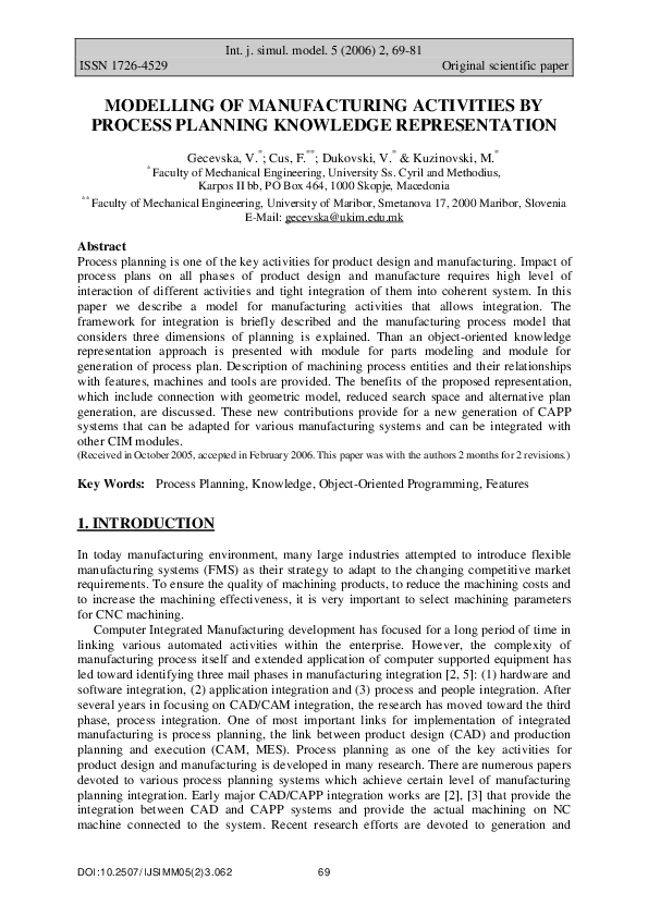 Pdf Modelling Of Manufacturing Activities By Process Planning