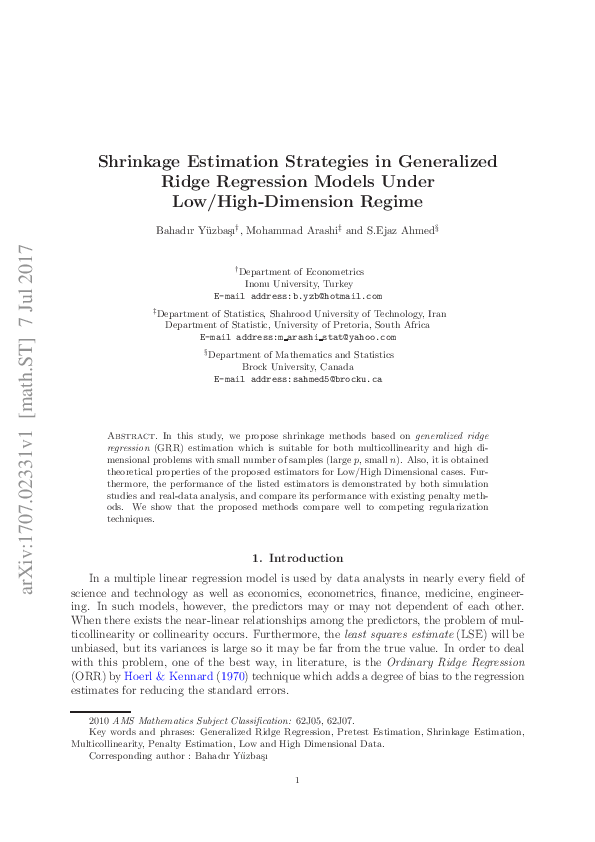 Pdf Shrinkage Estimation Strategies In Generalised Ridge Regression