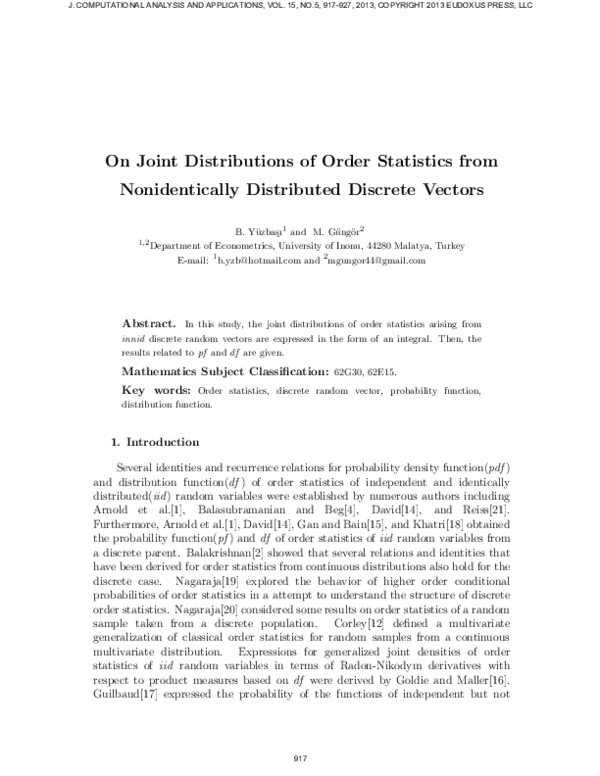 (PDF) On joint distributions of order statistics from nonidentically distributed discrete vectors