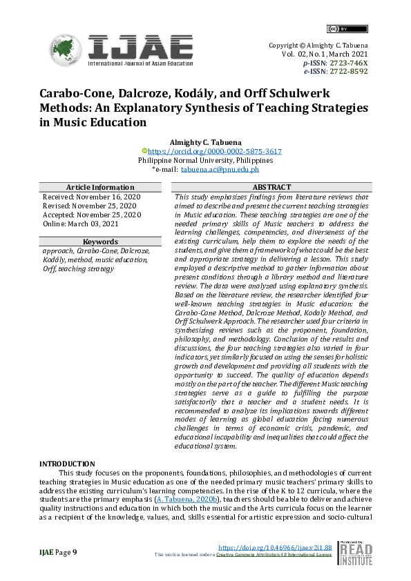 (PDF) Carabo-Cone, Dalcroze, Kodály, and Orff Schulwerk Methods