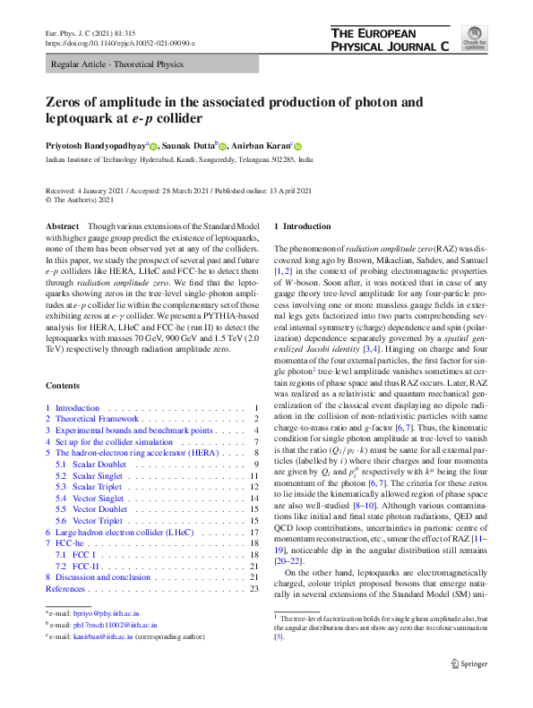(PDF) Zeros of amplitude in the associated production of photon and leptoquark at $$\\varvec{e ...