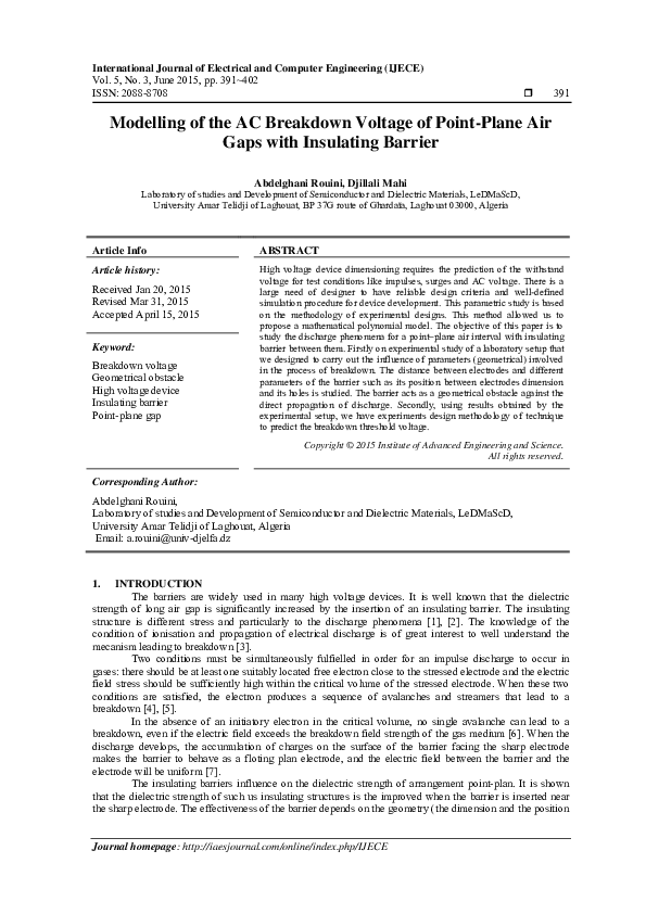 (PDF) Modelling of the AC Breakdown Voltage of Point- Plane Air Gaps ...