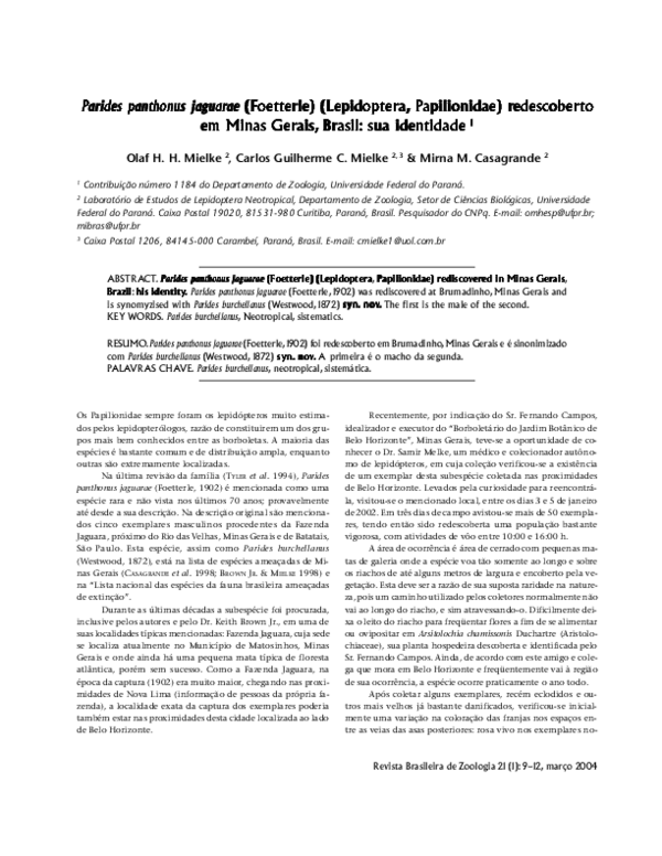(PDF) Parides panthonus jaguarae (Foetterle) (Lepidoptera, Papilionidae ...