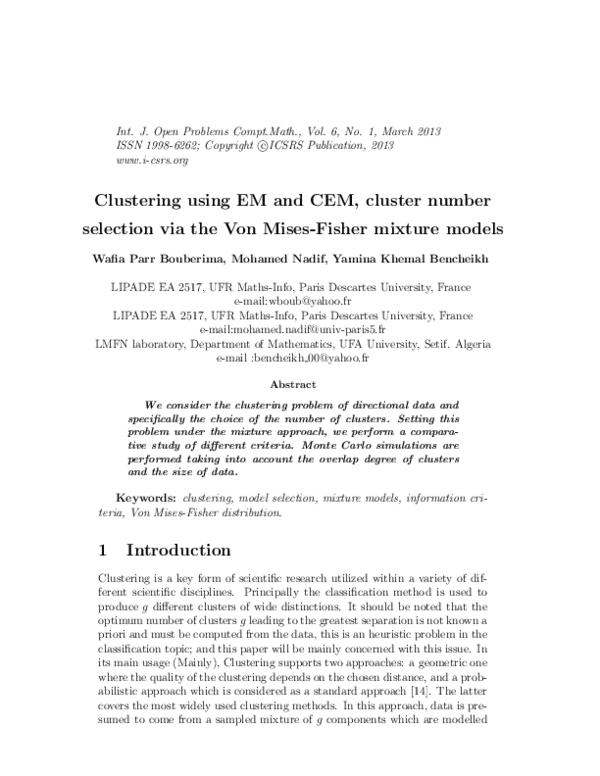 (PDF) Clustering Using EM and CEM , Cluster Number Selection Via the ...