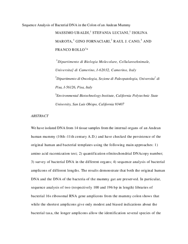 (PDF) Sequence analysis of bacterial DNA in the colon of an Andean mummy
