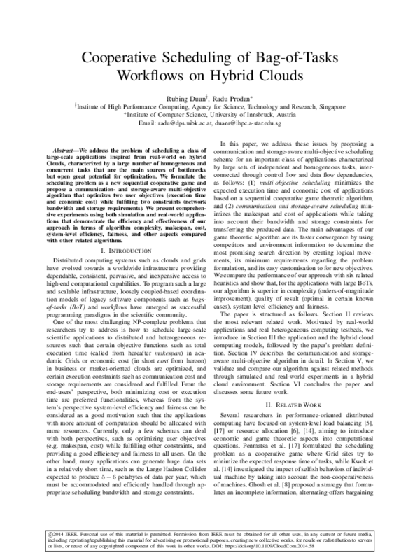 (PDF) Cooperative Scheduling of Bag-of-Tasks Workflows on Hybrid Clouds