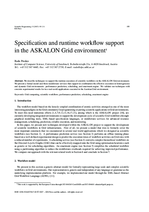 Pdf Specification And Runtime Workflow Support In The Askalon Grid