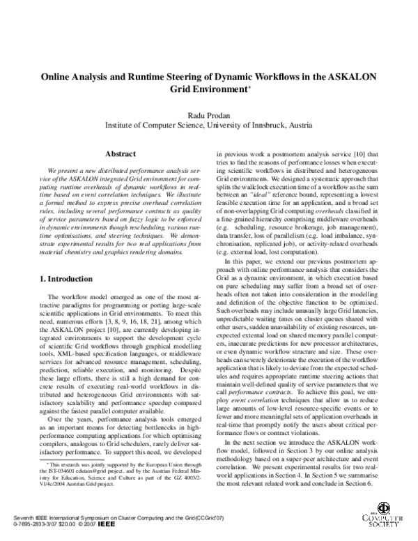 (PDF) Online Analysis and Runtime Steering of Dynamic Workflows in the ASKALON Grid Environment