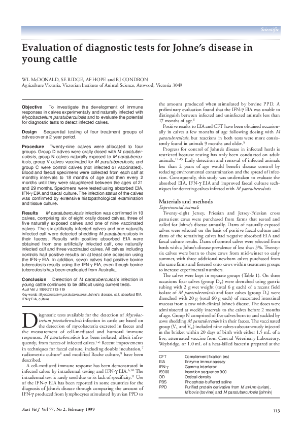 (PDF) Evaluation of diagnostic tests for Johne's disease in young cattle