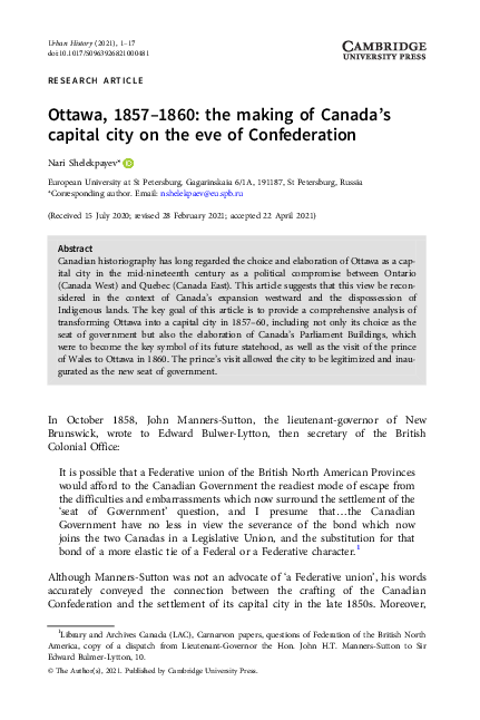 (PDF) Ottawa, 1857-1860: the making of Canada's capital city on the eve ...