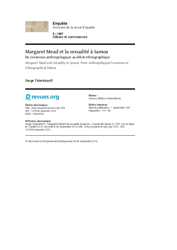 Pdf Margaret Mead Et La Sexualité à Samoa