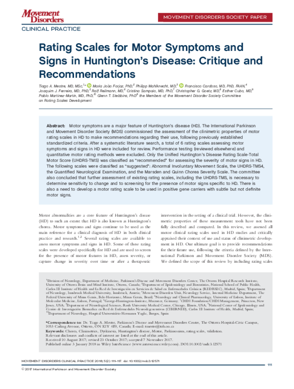 (PDF) Rating Scales for Motor Symptoms and Signs in Huntington's ...