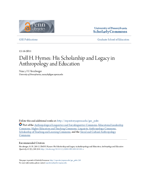 (PDF) Dell H. Hymes: His Scholarship and Legacy in Anthropology and ...