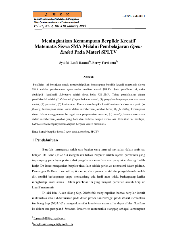 (PDF) Meningkatkan Kemampuan Berpikir Kreatif Matematis Siswa SMA Melalui Pembelajaran Open ...