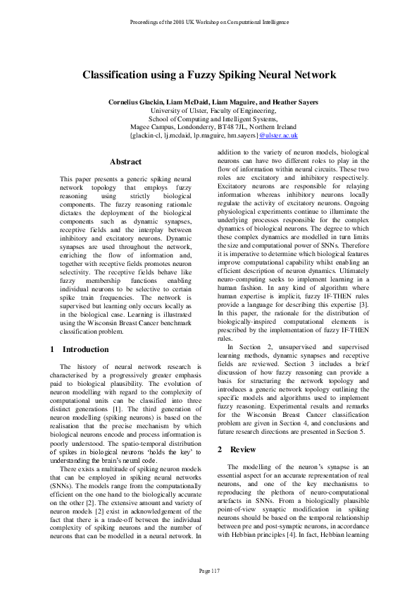 (PDF) Classification using a fuzzy spiking neural network