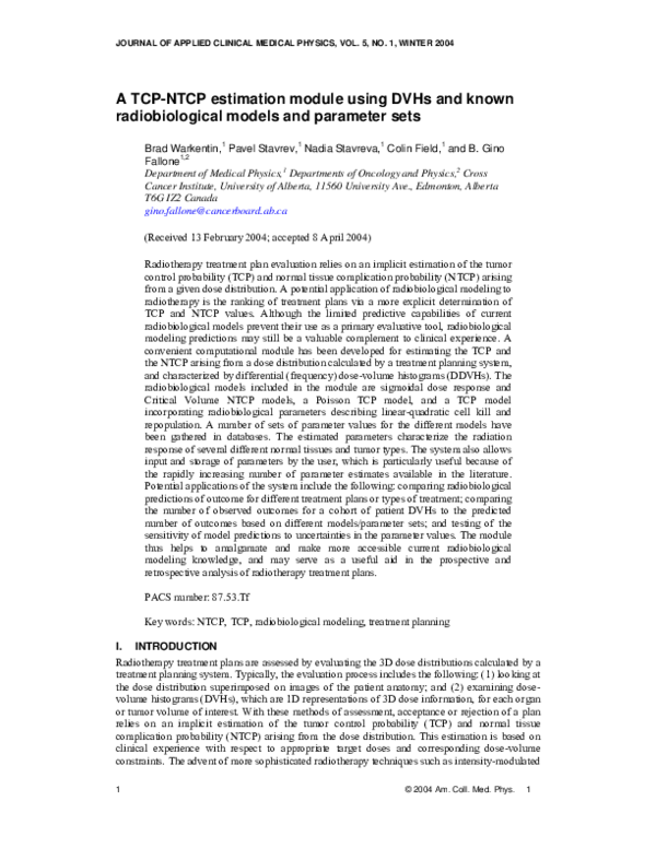 (PDF) A TCP-NTCP estimation module using DVHs and known radiobiological models and parameter sets
