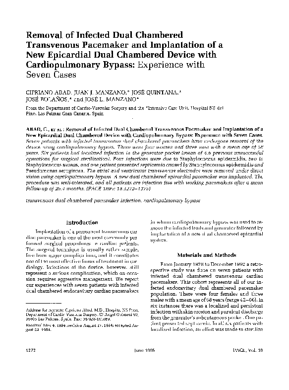 Removal of Infected Dual Chambered Transvenous Pacemaker and ...