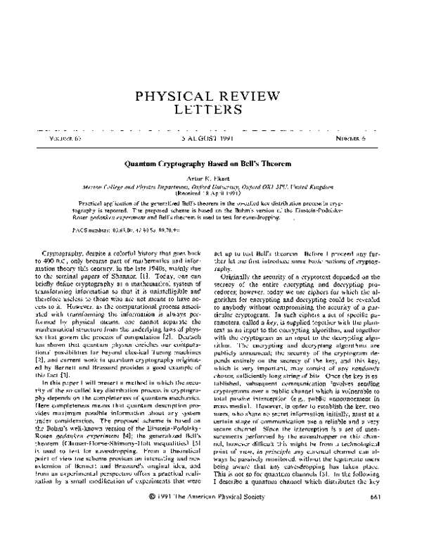 (PDF) Quantum cryptography based on Bell’s theorem