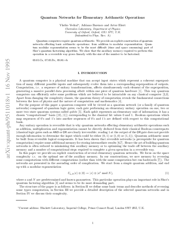 (PDF) Quantum networks for elementary arithmetic operations