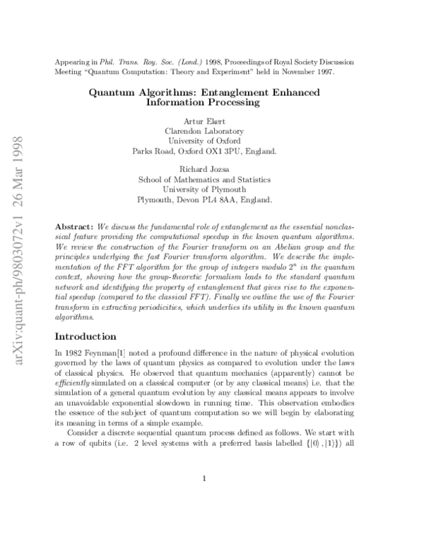 (PDF) Quantum algorithms: entanglement-enhanced information processing