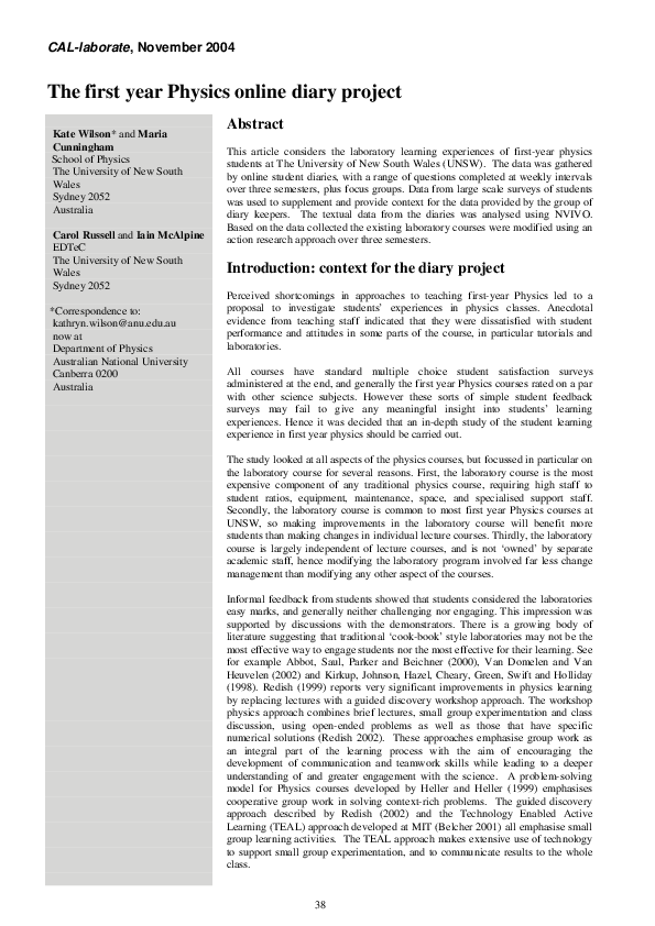 (PDF) The first year Physics online diary project
