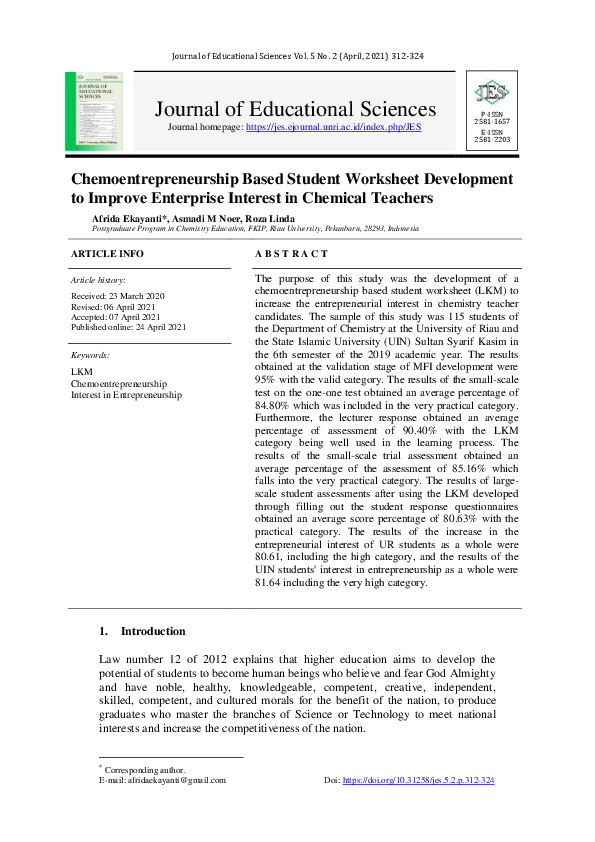(PDF) Chemoentrepreneurship Based Student Worksheet Development to ...