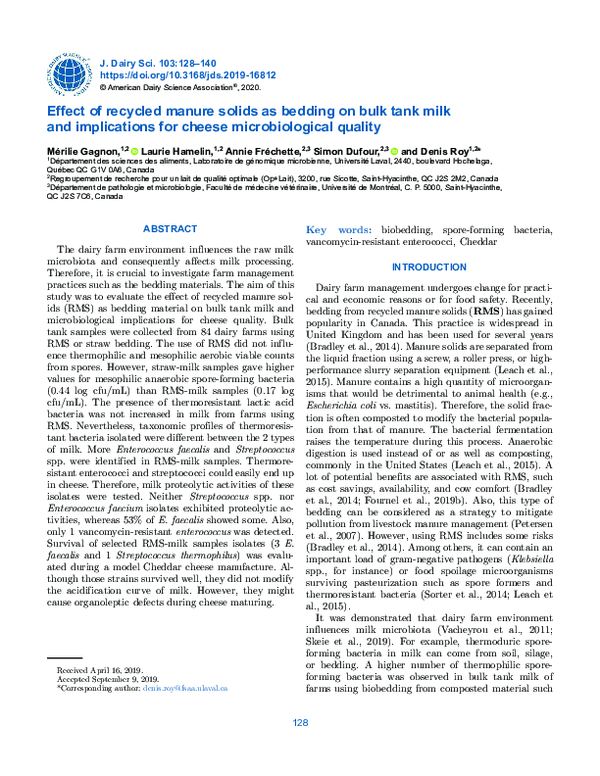 (PDF) Effect of recycled manure solids as bedding on bulk tank milk and ...