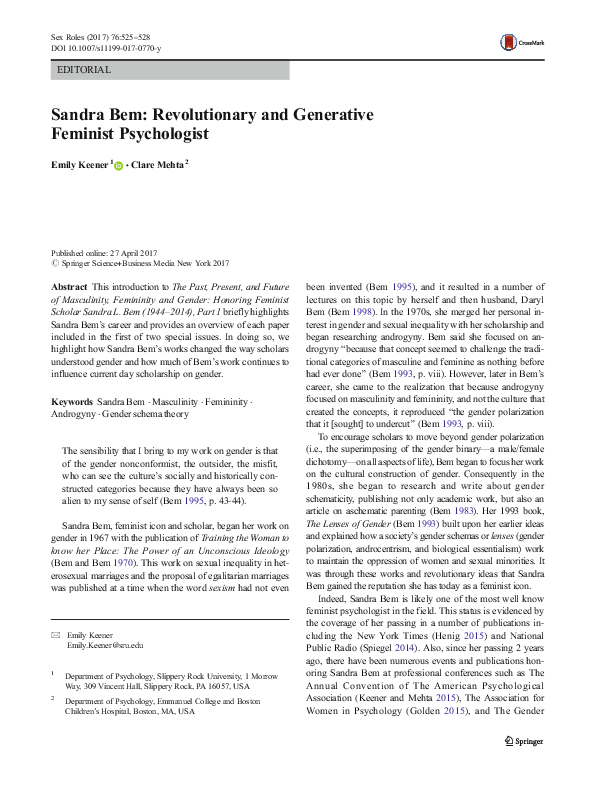(PDF) Sandra Bem: Revolutionary and Generative Feminist Psychologist