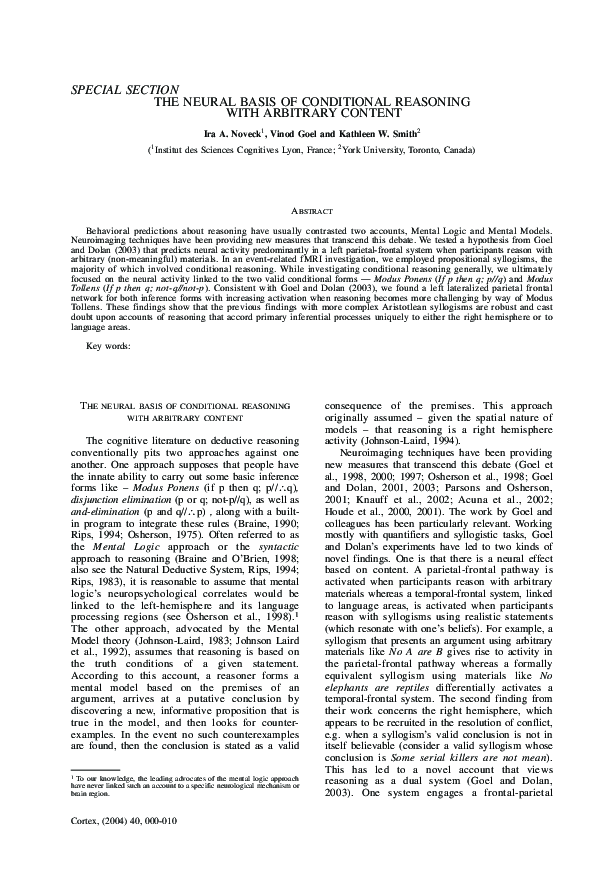 (PDF) Special Section the Neural Basis of Conditional Reasoning with ...